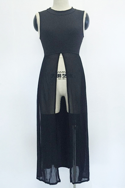 Sexy Round Neck Tank Sleeveless Mesh Patchwork Black Polyester Ankle